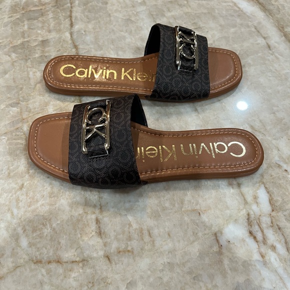 Calvin Klein | Shoes | Calvin Klein Womens Logo Sandals Gold Ck Logo ...